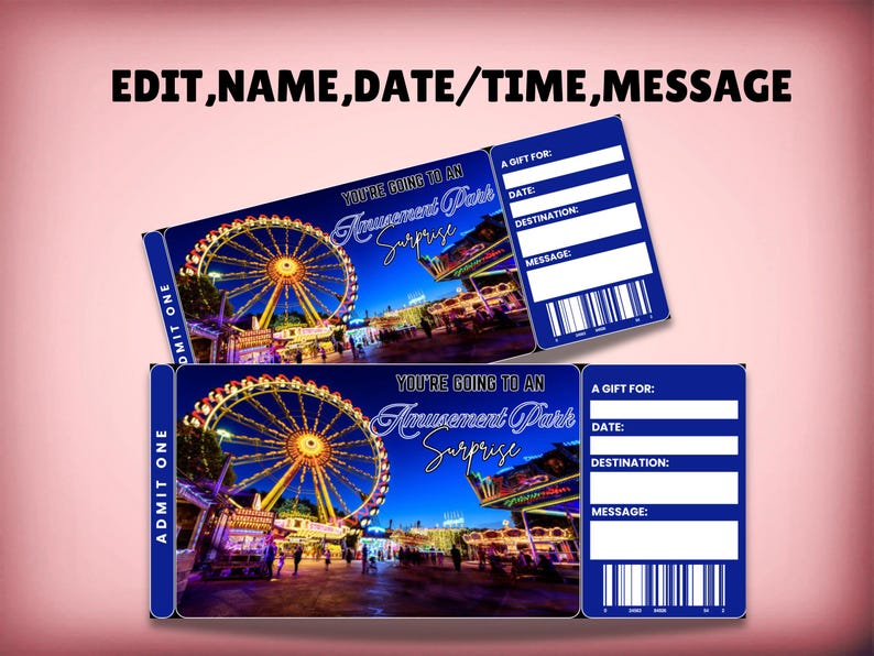Printable AMUSEMENT PARK Surprise Reveal Ticket, Gift Voucher, Editable ...