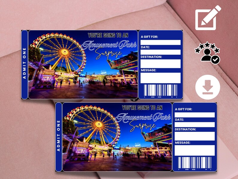 Printable AMUSEMENT PARK Surprise Reveal Ticket, Gift Voucher, Editable ...