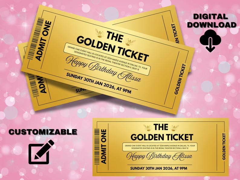Editable Golden Ticket Template, Birthday Gift Coupon, Surprise ...