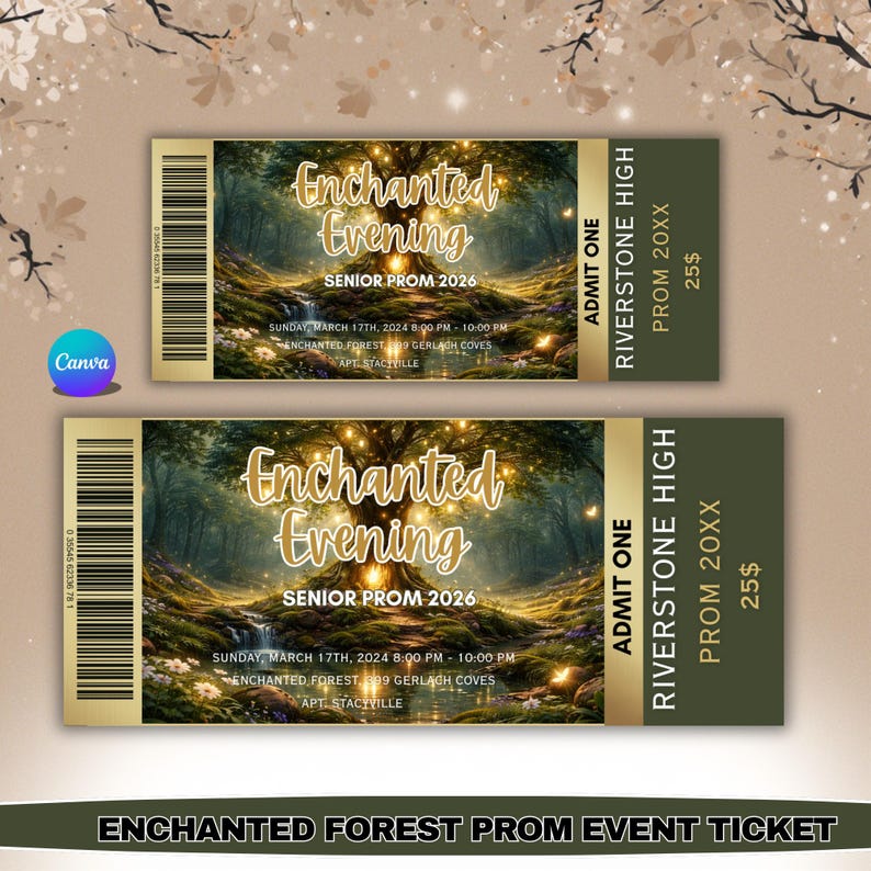 Enchanted Forest Prom Ticket Template, Emerald Green Canva Event Pass ...
