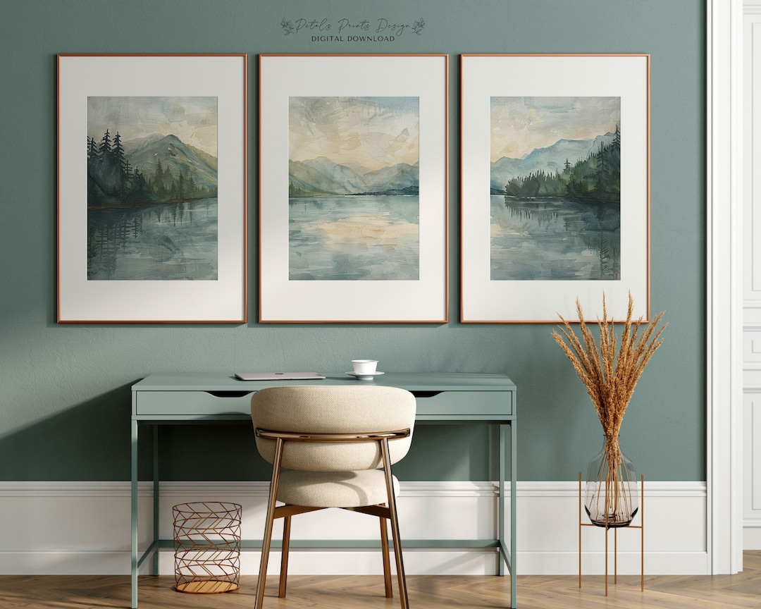 Mountain Lake Print Set of 3, Watercolor Mountains, Abstract Landscape ...