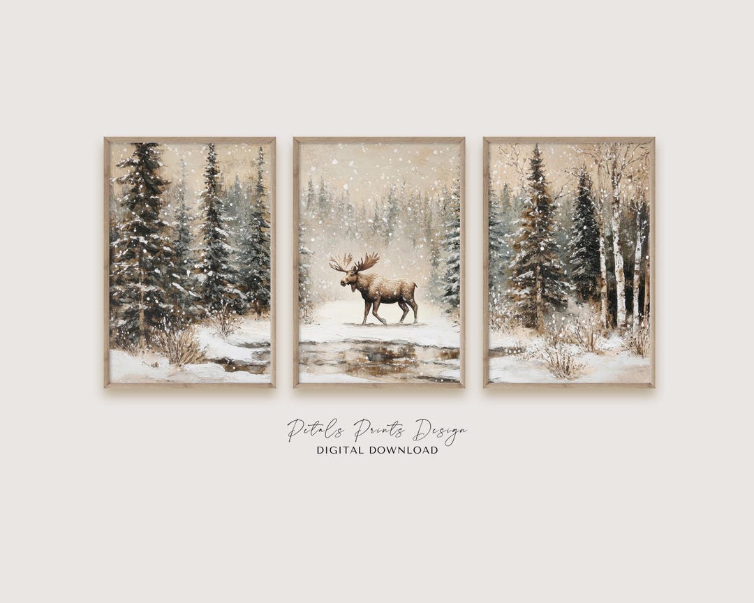 Rustic Winter Moose Landscape Print Set: Vintage Farmhouse Decor ...