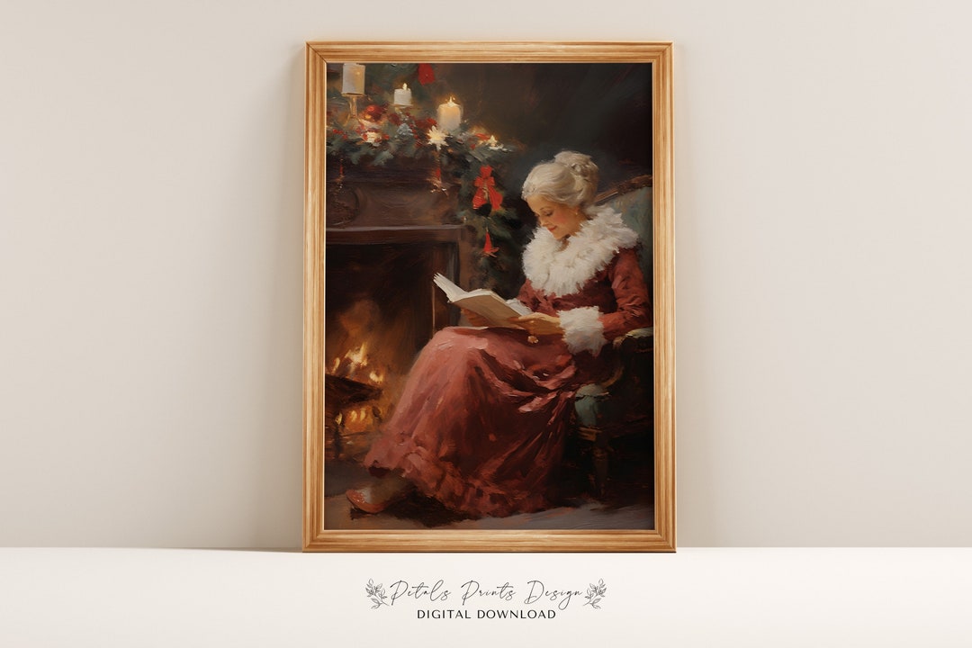 Vintage Christmas Art Print: Mrs. Claus Reading by Fireplace (digital ...