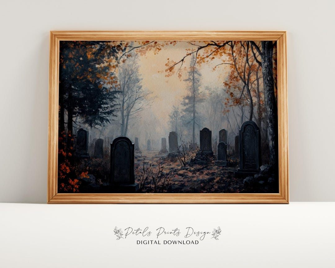 Vintage Halloween Graveyard Painting: Spooky Printable Art (digital ...