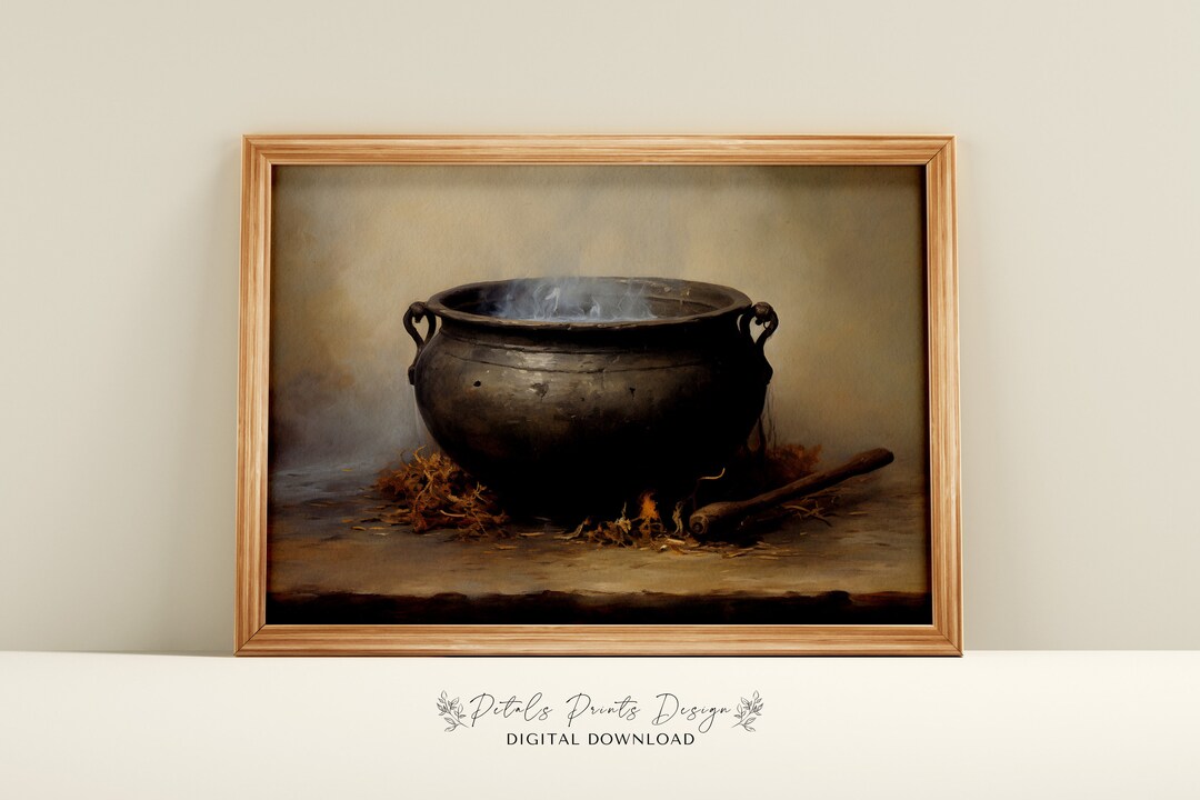 Vintage Witch Cauldron Painting: Rustic Halloween Decor (digital ...