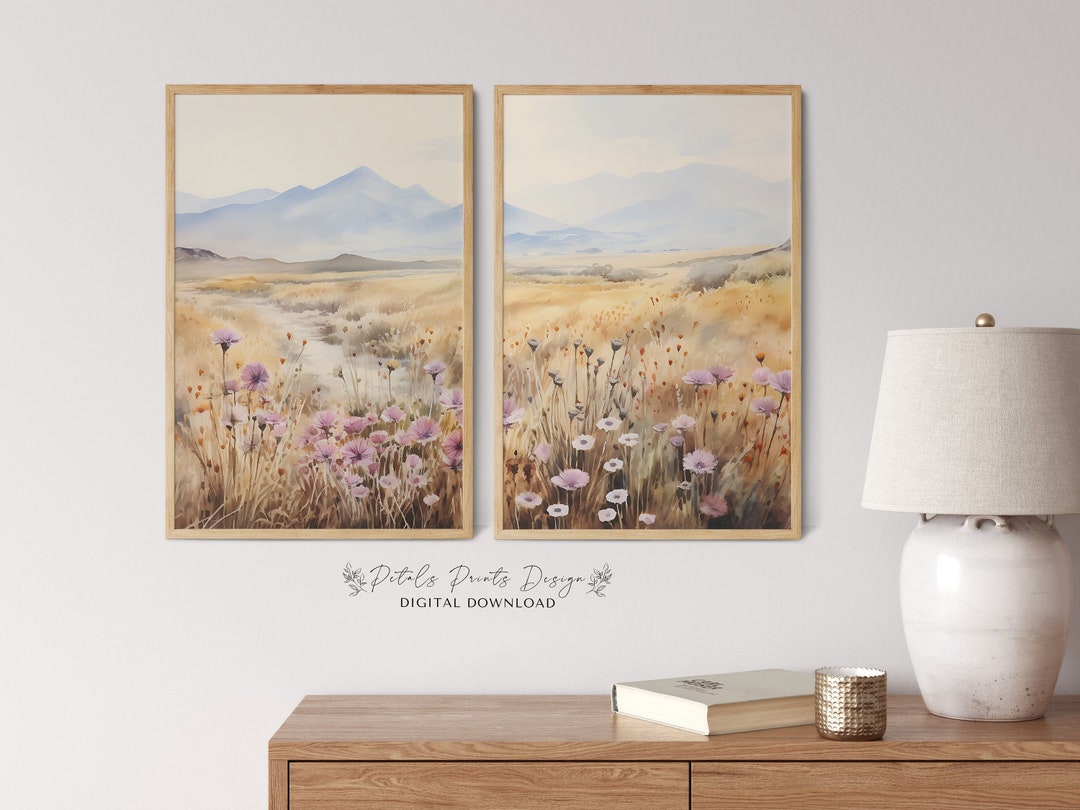 Wildflower Field Landscape Print Set: Vintage Farmhouse Art (digital ...