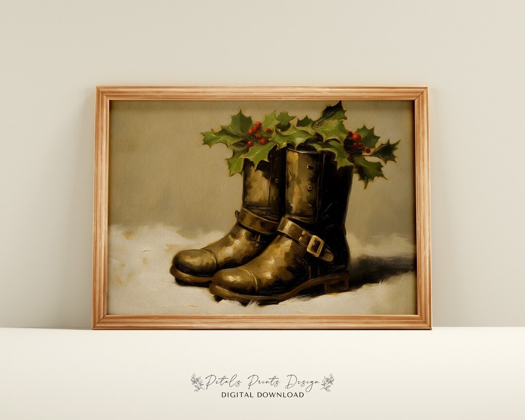 Vintage Christmas Boots Still Life Painting: Rustic Holiday Wall Art ...