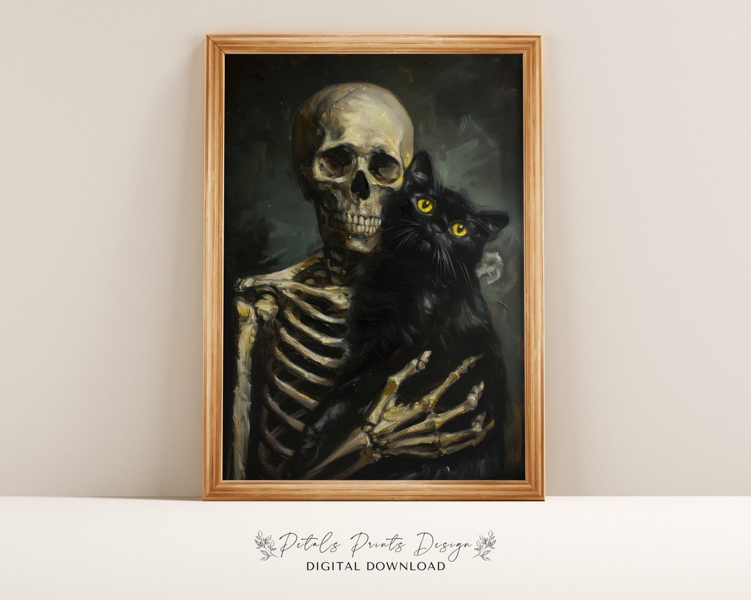 Vintage Halloween Skeleton & Black Cat Print (digital Download) - Etsy