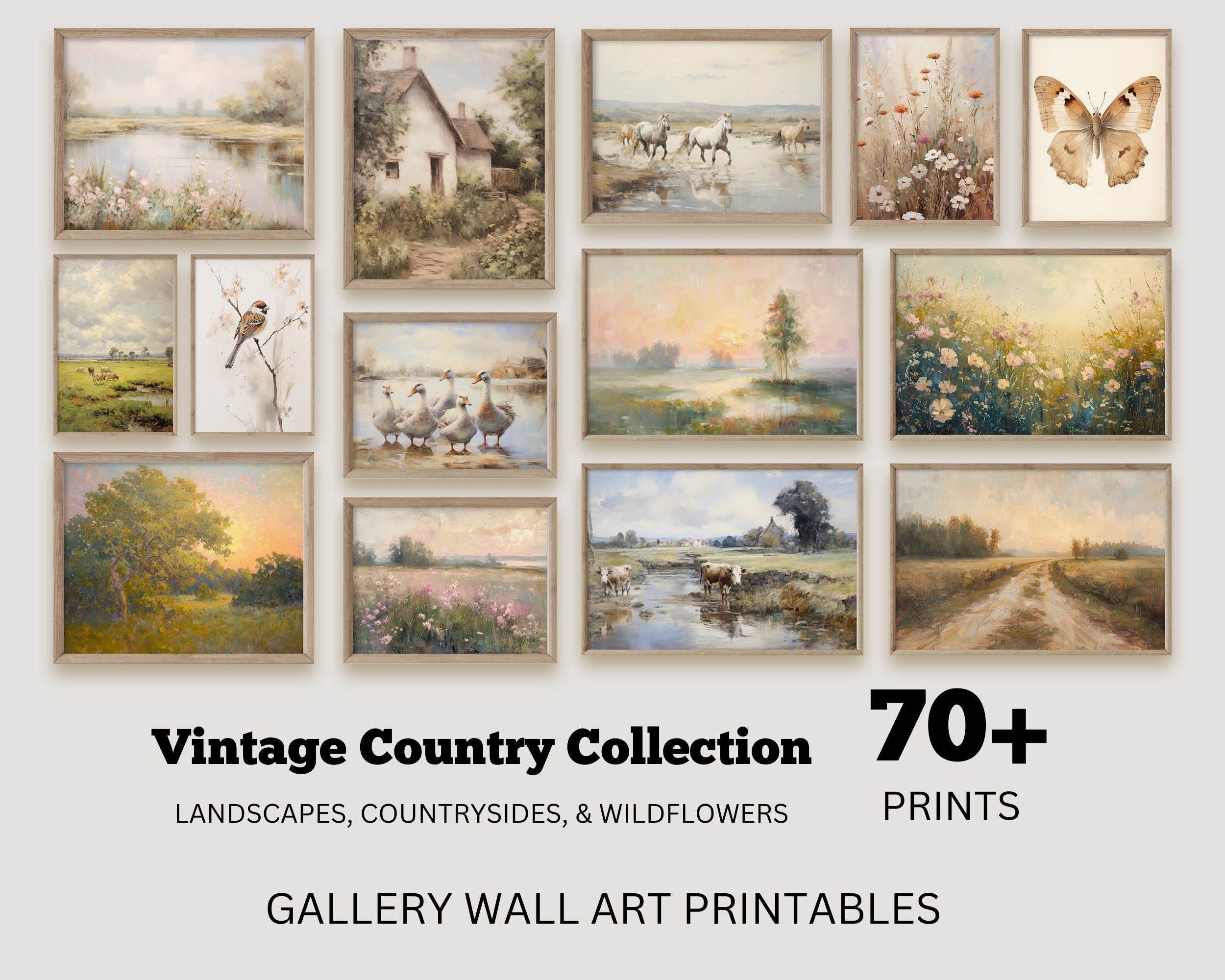 Vintage Country Landscape Prints SET - Rustic Spring Gallery Wall Art ...