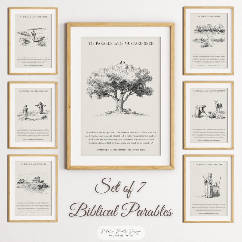 Christian Hand Sketched Wall Art Set: 7 Parables Line Art Scripture ...
