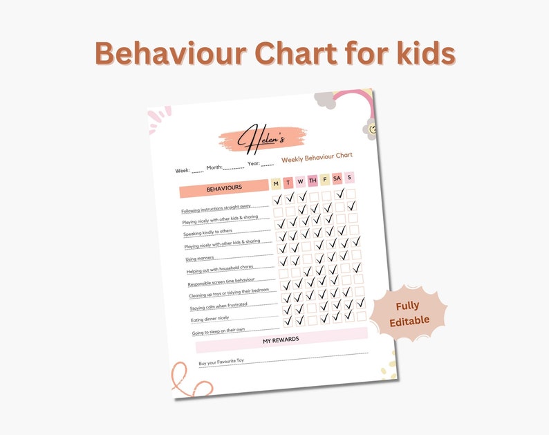 Printable Behaviour Chart for Kids Fully Editable Canva Template Boho ...