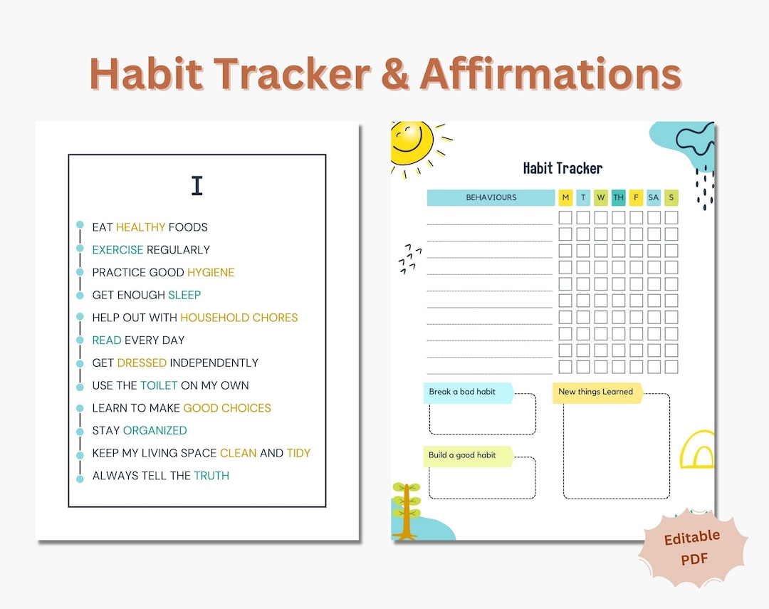 Printable Weekly Habit Tracker for Kids Habit Affirmation for Kids 7 ...