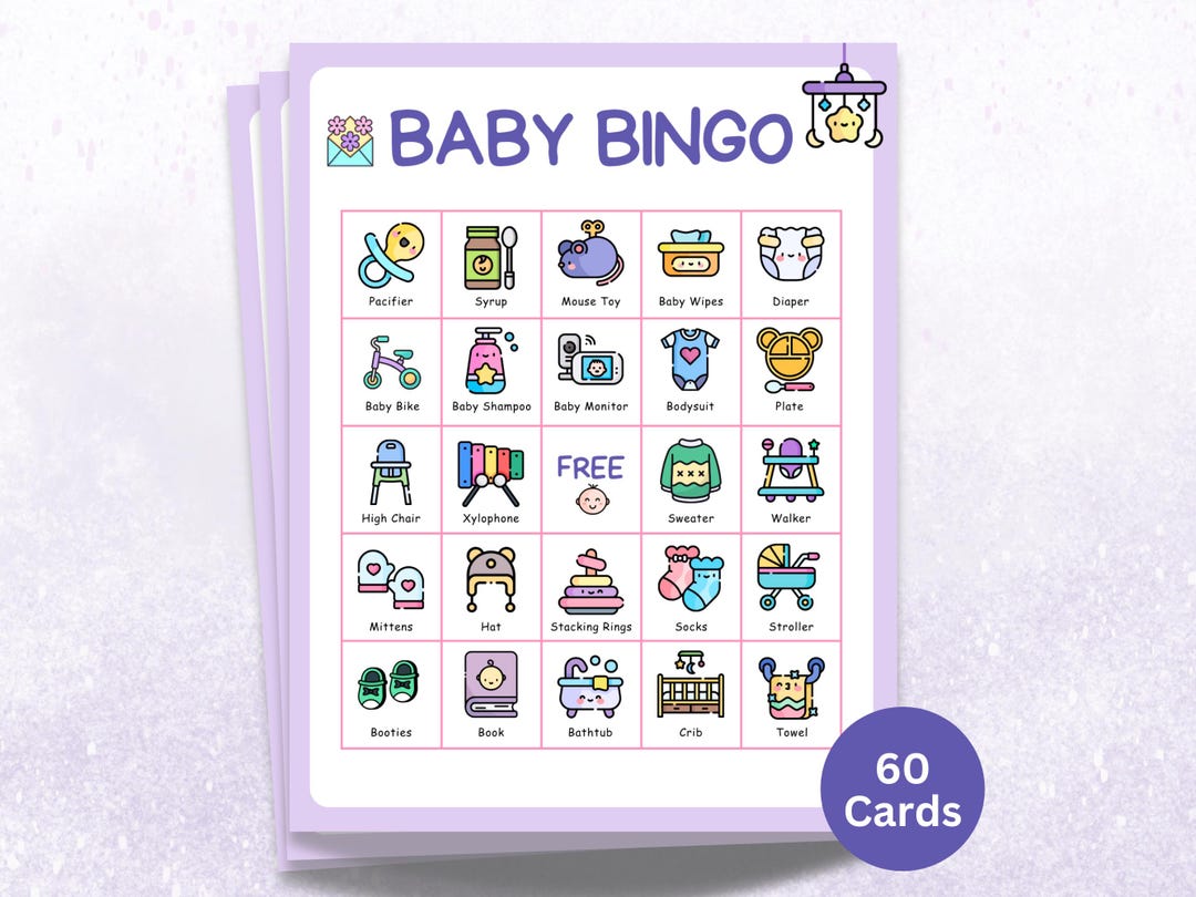 Baby Shower Bingo Game-60 Printable Cards, Cute Baby Bingo, Gender ...