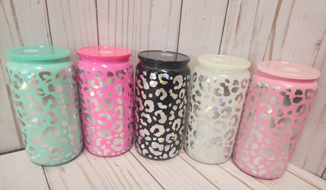 15oz Glass Libbey Glass With Leopard Spots/plastic Lids/ 15 Oz Libbey ...