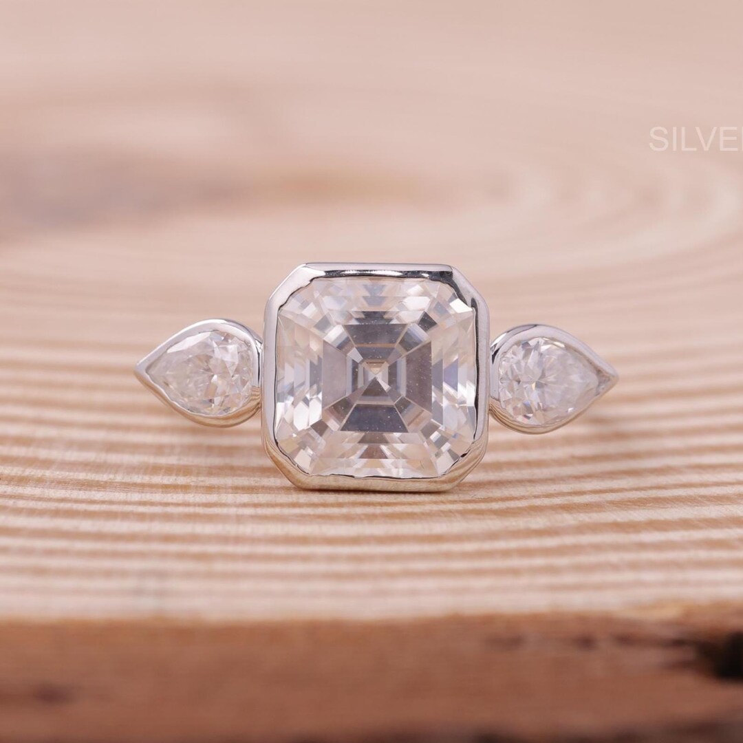 Three Stone Bezel Set Asscher Cut Moissanite Engagement Ring Asscher ...