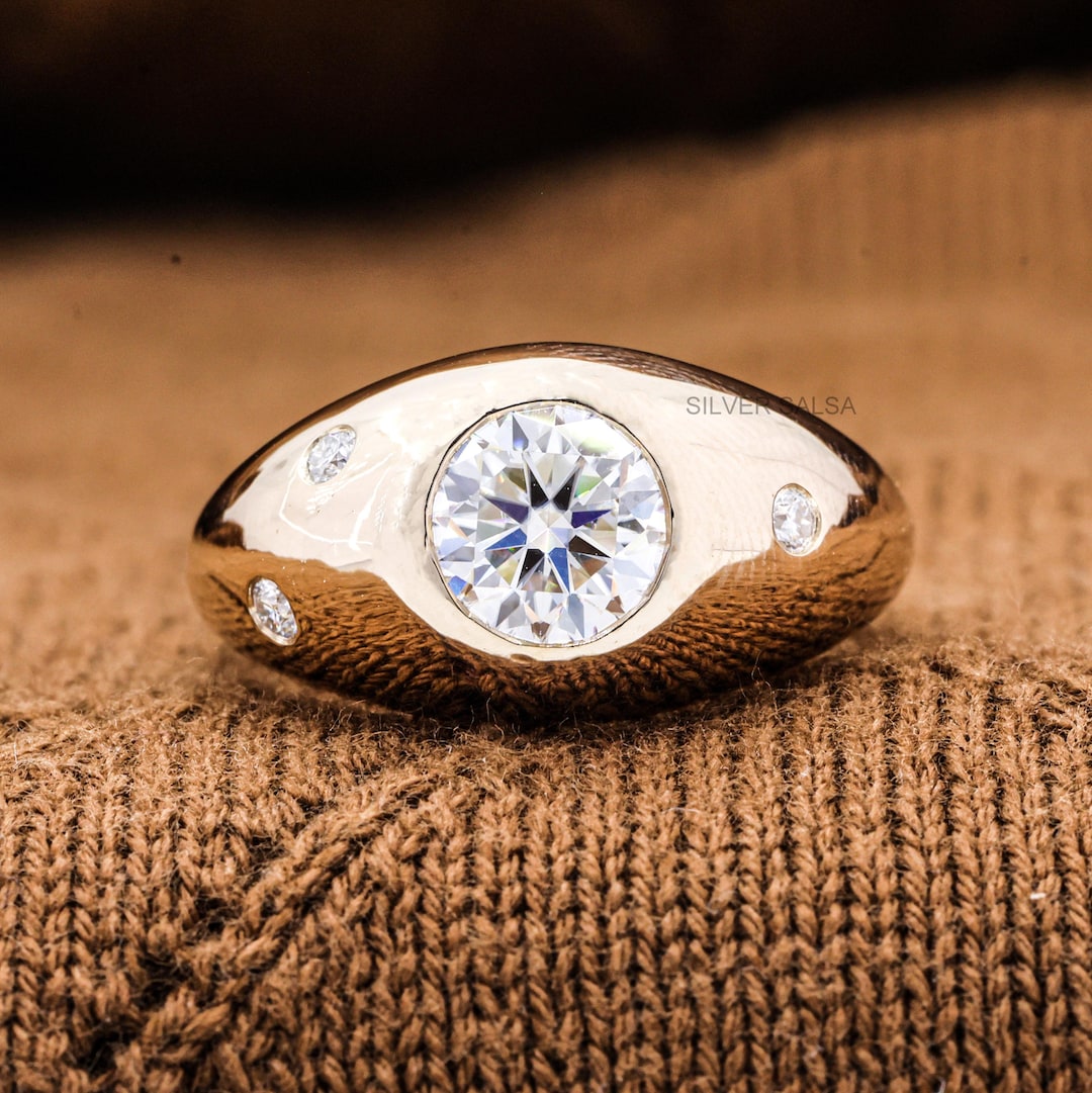 Signet Ring Flush Setting Ring Round Moissanite Ring Statemen Ring ...