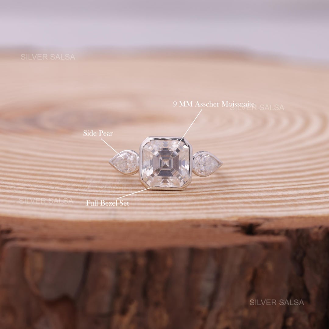 Three Stone Bezel Set Asscher Cut Moissanite Engagement Ring Asscher ...