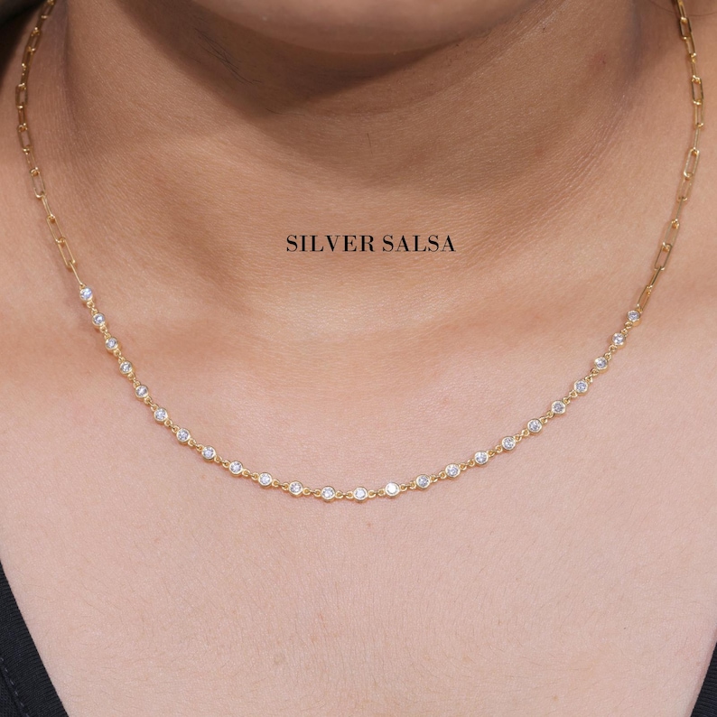Half Way 2.5 MM Round Moissanite Diamond Bezel Set Tennis Necklace 14K ...
