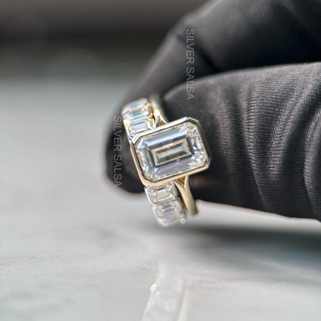 Emerald Cut Bezel Set Engagement Ring With Full Eternity Wedding Band ...
