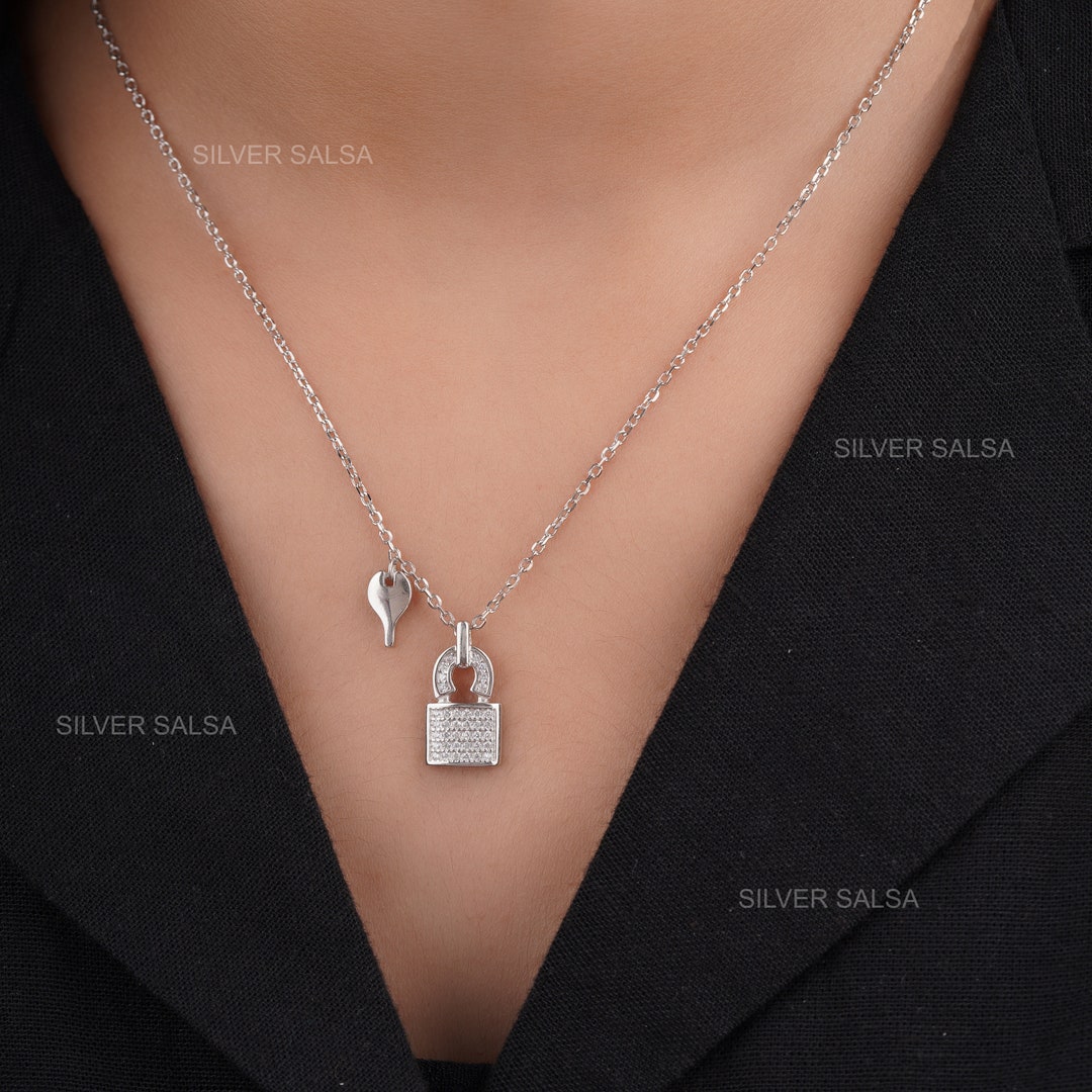 Pave Lock & Key Pendant Necklace Minimalist Padlock Charm Necklace ...