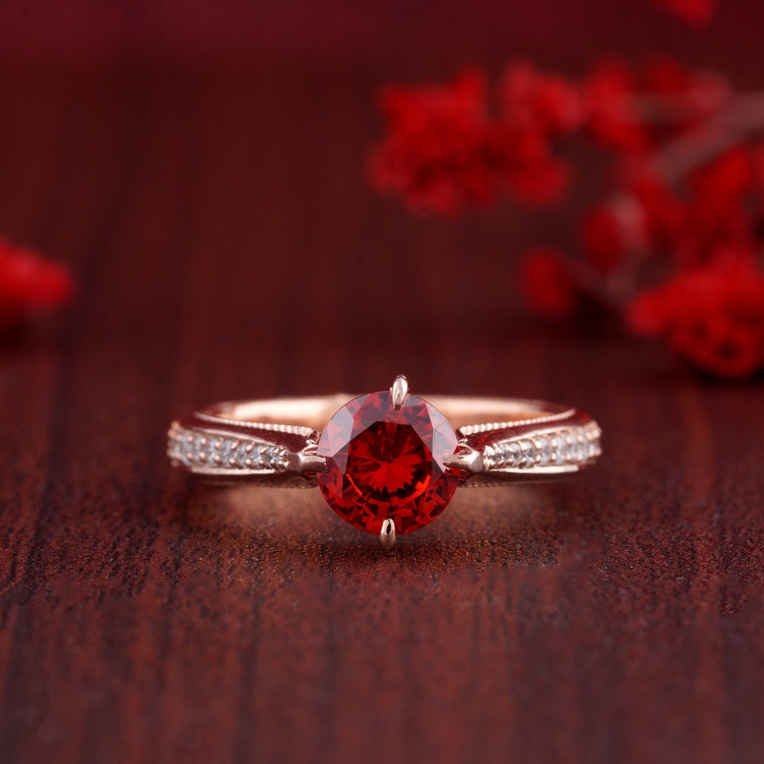 Red Round Ruby Wedding Ring Enhanced With Milgrain and Sparkling ...