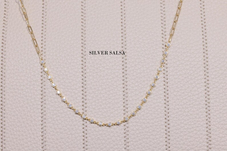 Half Way 2.5 MM Round Moissanite Diamond Bezel Set Tennis Necklace 14K ...