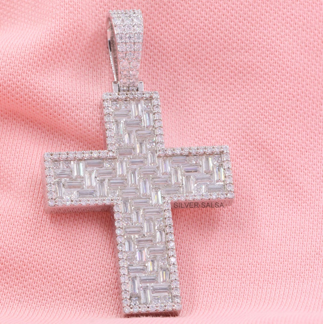 Baguette Round Cut Moissanite Cross Pendant, Sterling Silver Iced Out ...