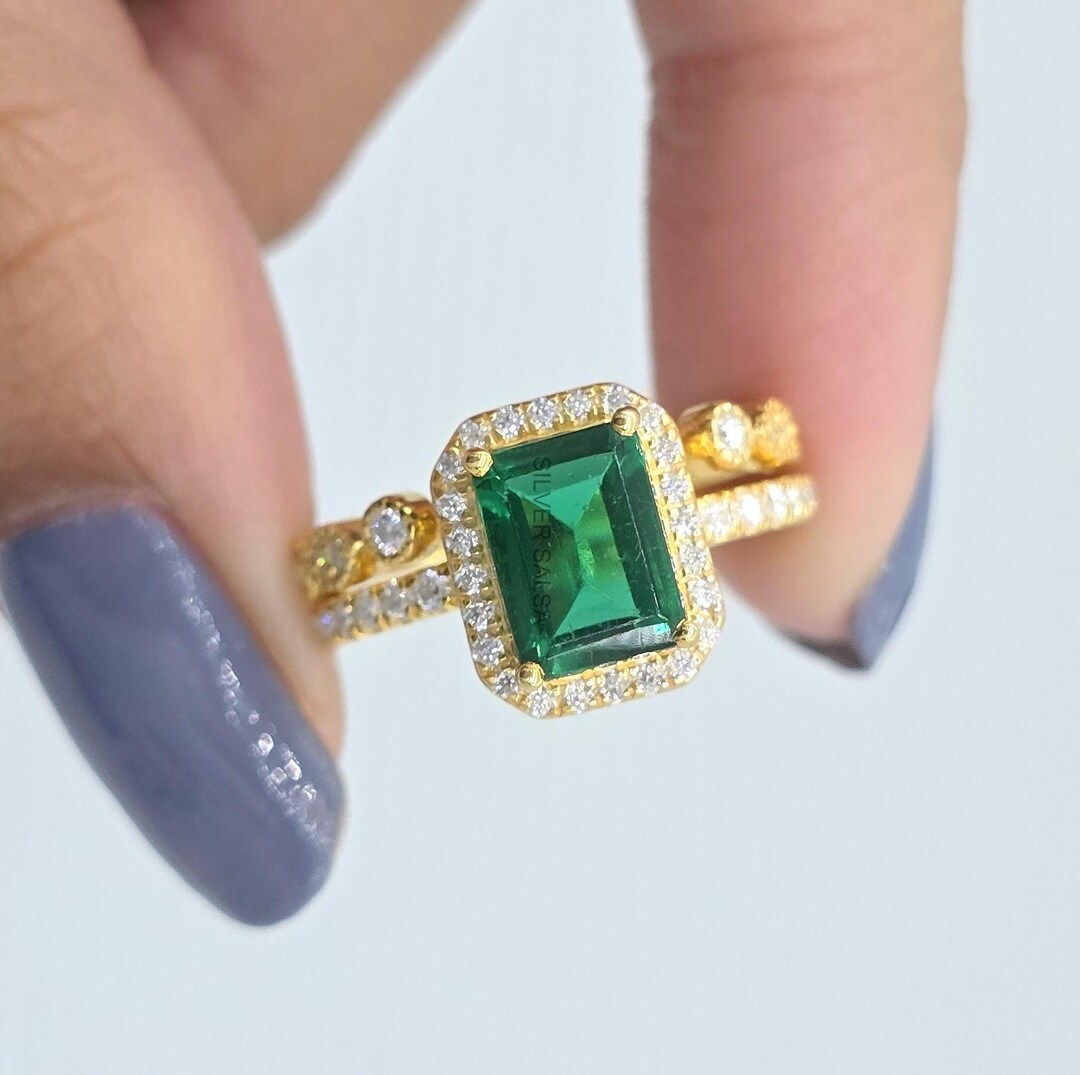 Emerald Halo Engagement Ring Set Bridal Ring Set Open Gap Stackable ...