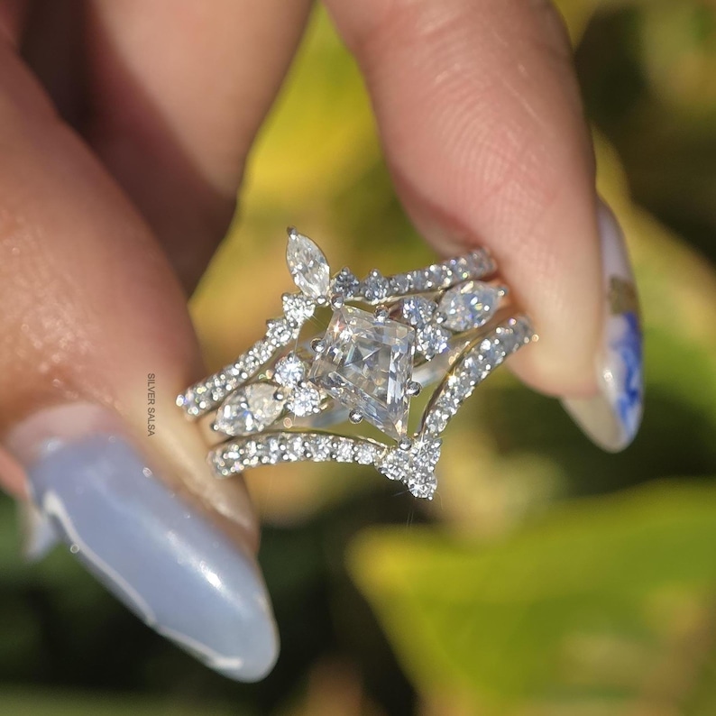 Kite Cut Moissanite Diamond Wedding Ring Set Three Ring Set With ...