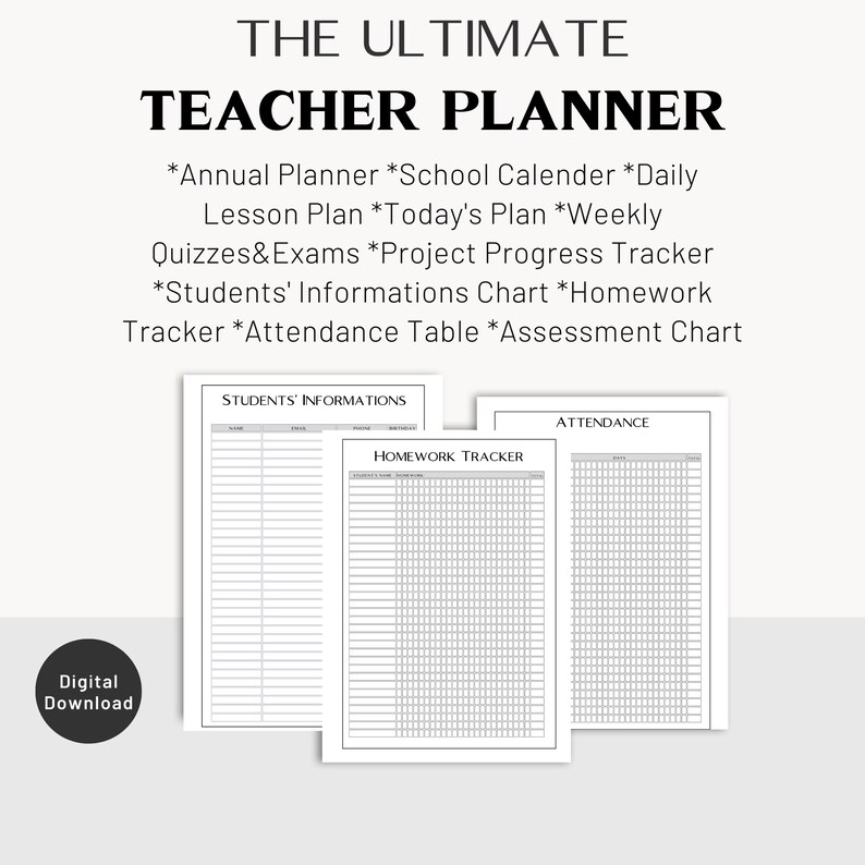 Teacher Planner Digital Undated Minimalist Printable Annual Planner ...