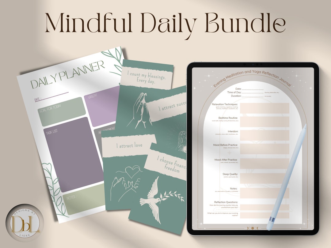 Mindful Daily Bundle: Daily Planner, Evening Yoga & Meditation Tracker ...