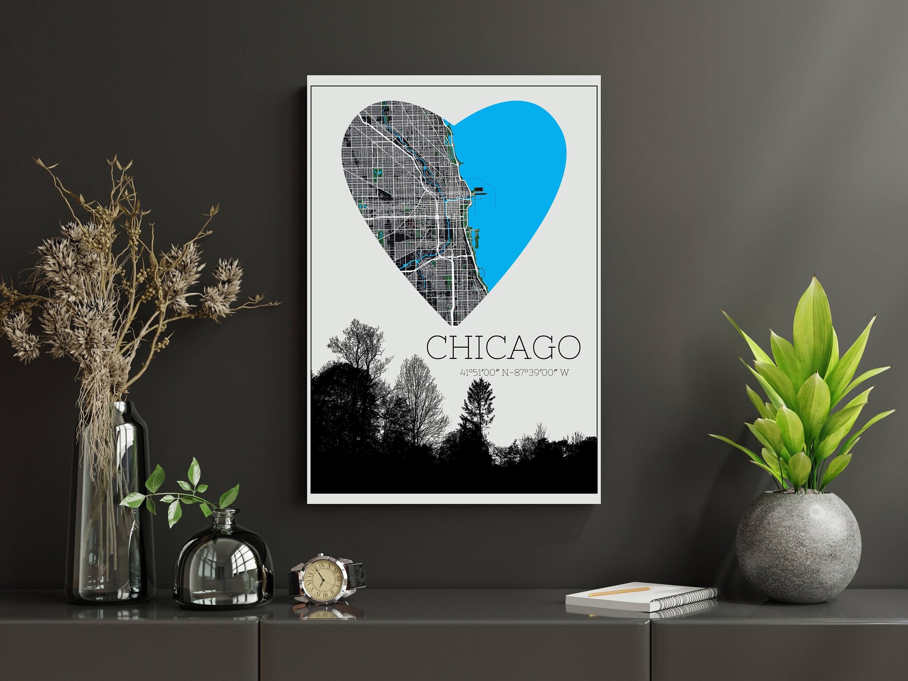 Mapa de la ciudad de Chicago, mapa de la ciudad imprimible, arte de ...