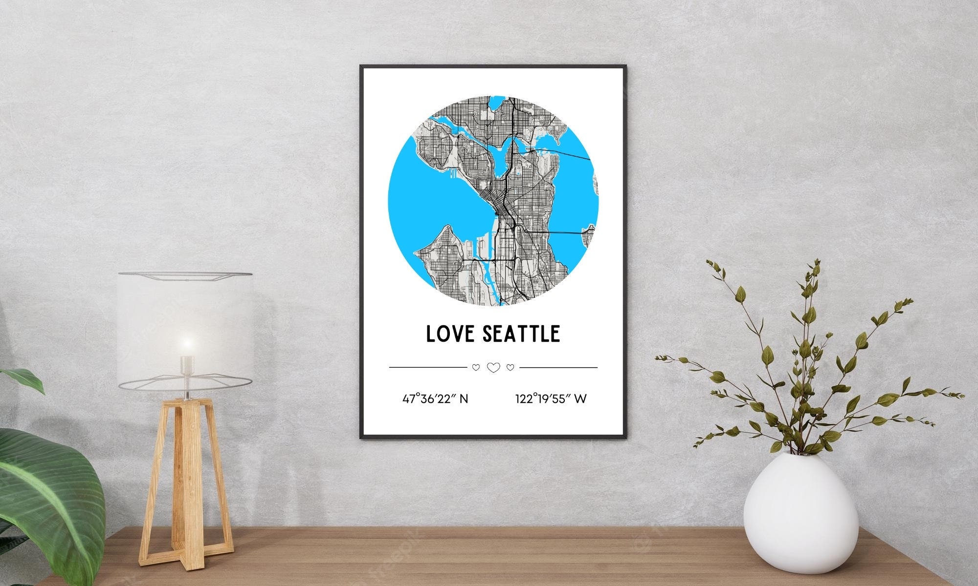 Mapa de la ciudad de Seattle, mapa de la ciudad imprimible, arte de ...