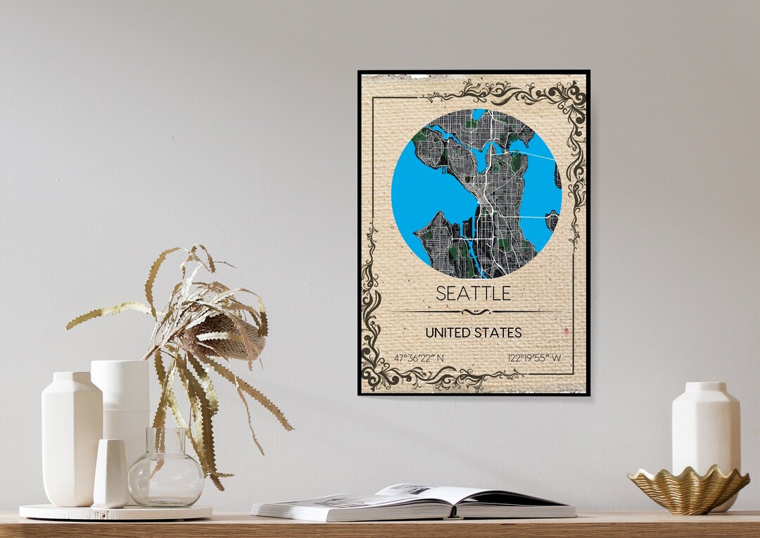 Mapa de la ciudad de Seattle, mapa de la ciudad imprimible, arte de ...