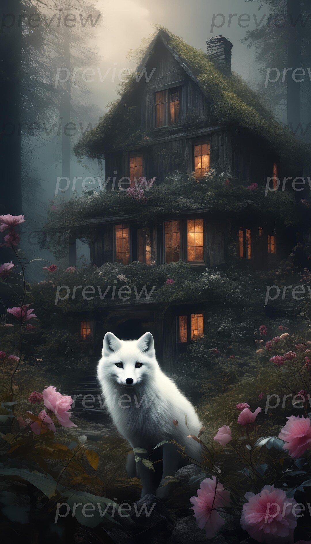A White Fox in Front of a House, Digital Image Fox Printable, Fox ...