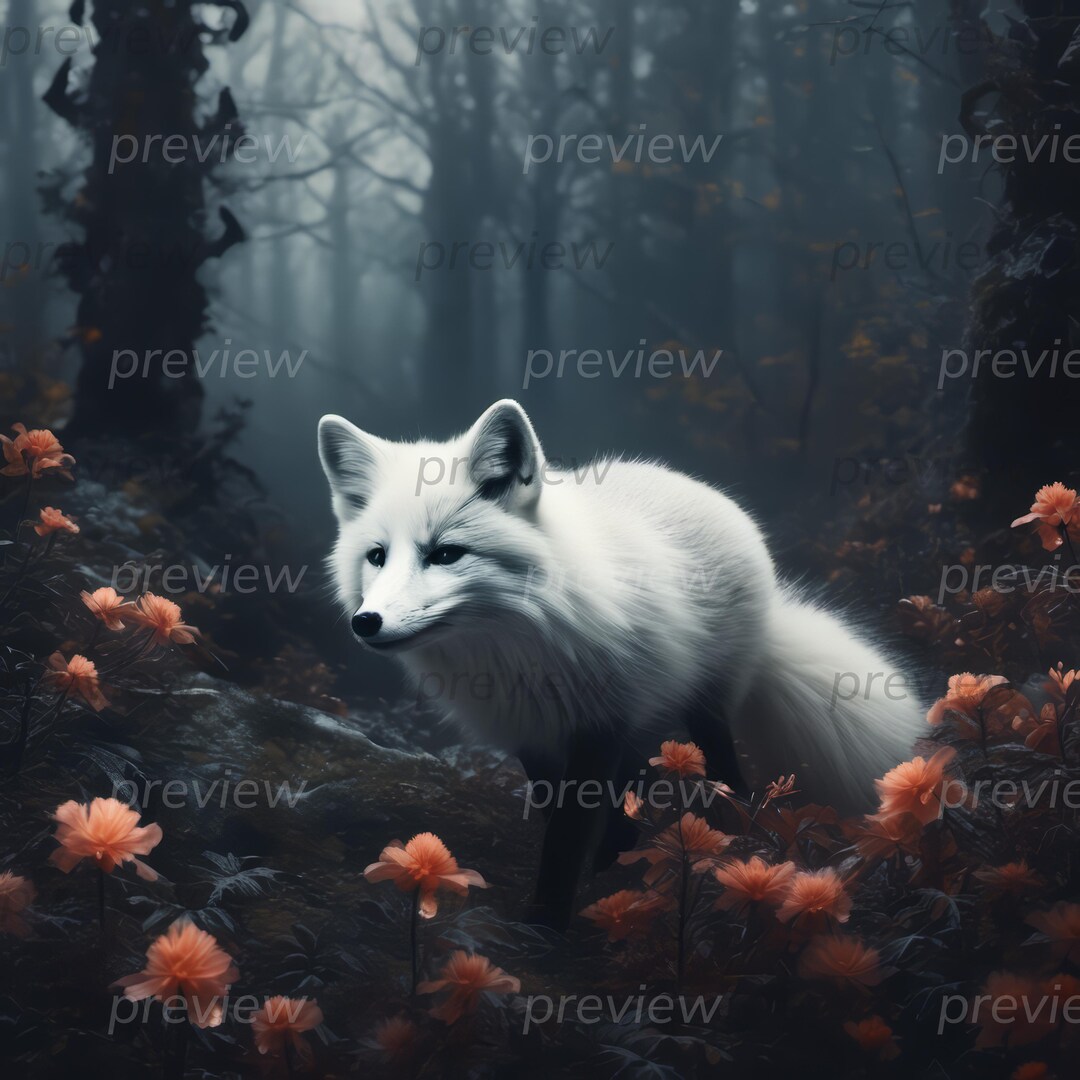 A White Fox in a Forest, Tree Printable Digital Image, Tree Mammal ...