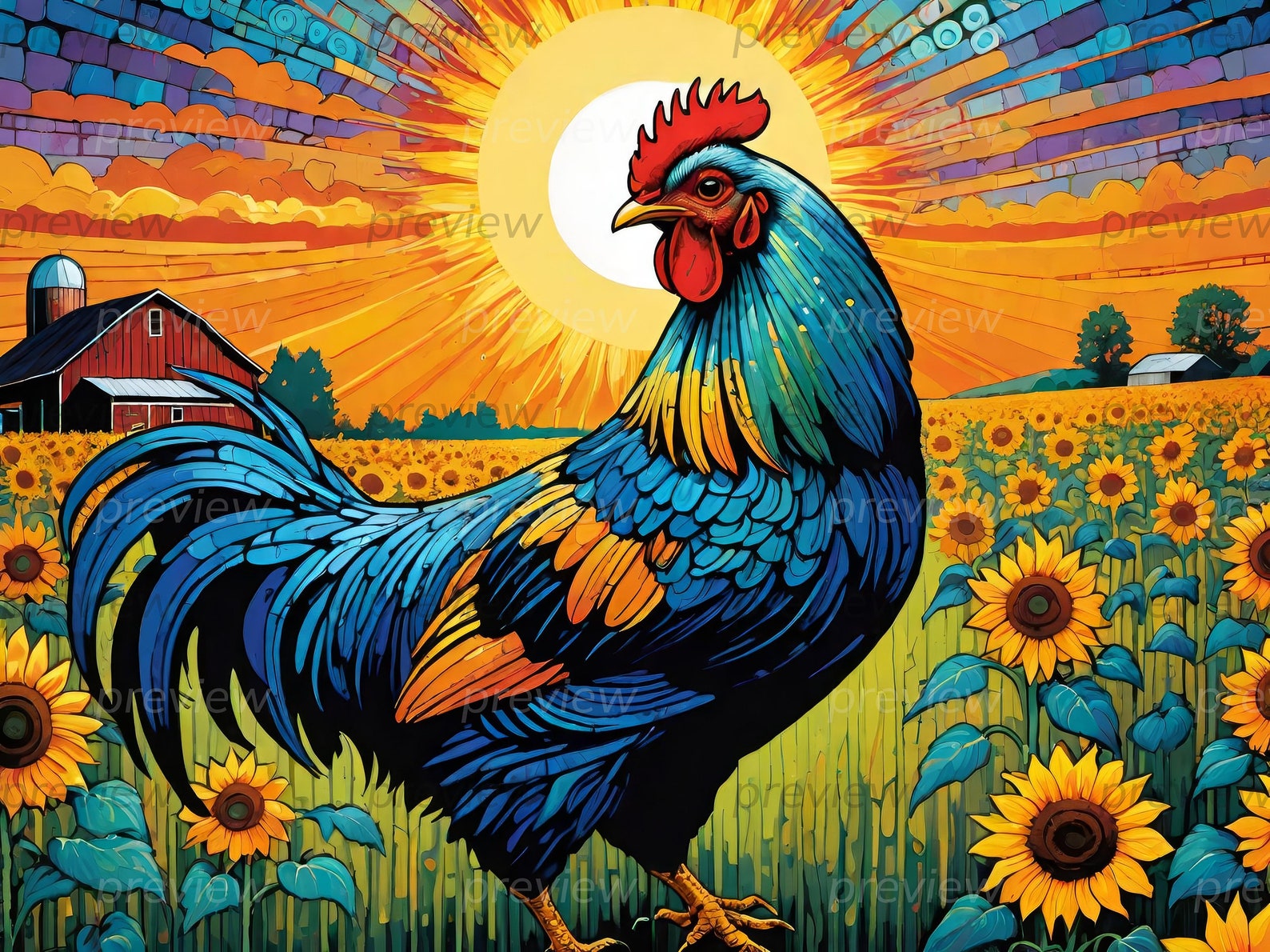 Digital Rooster Farm Life Art Digital Download Sunflower Farm Sunset ...