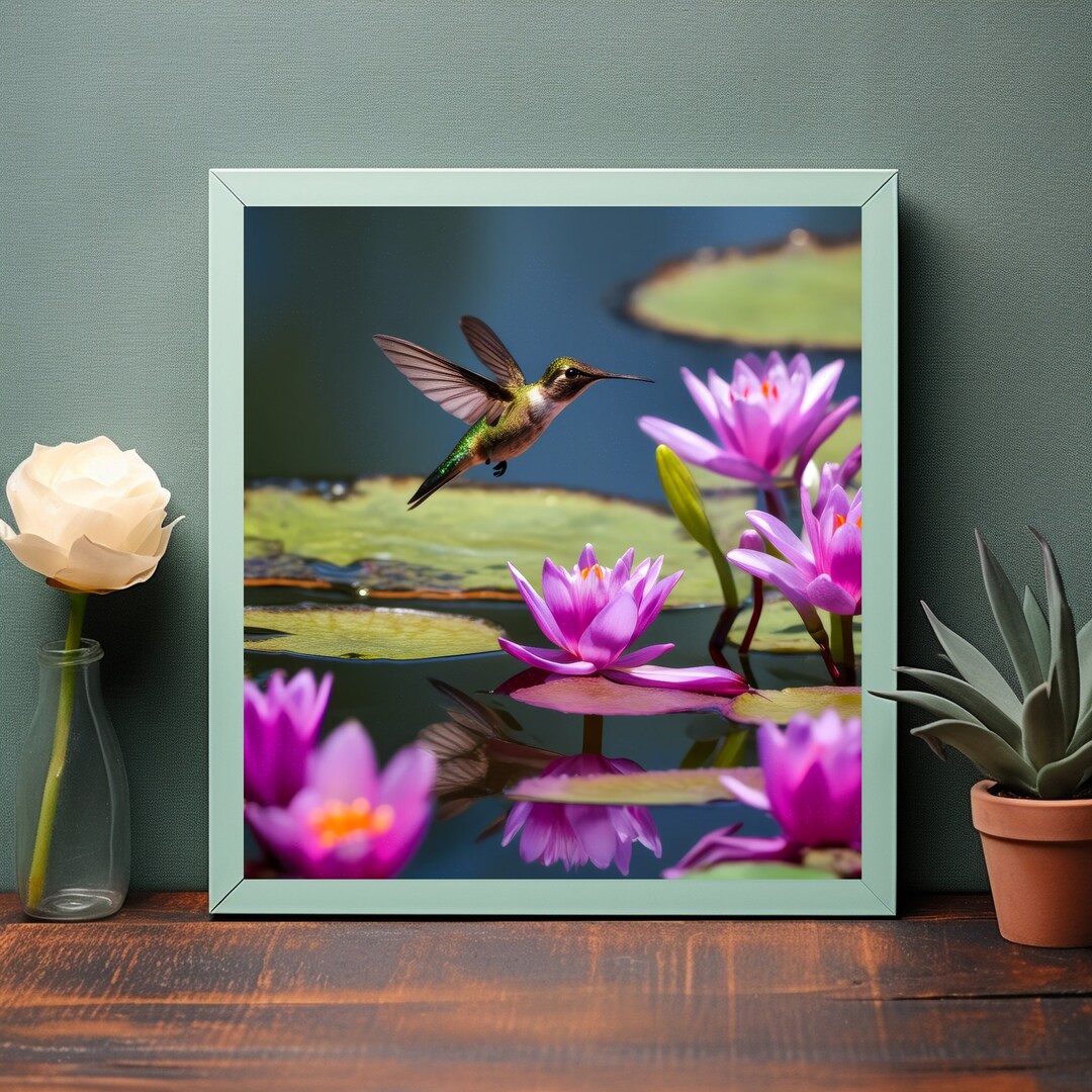 A Hummingbird Flying Over Water Lilies, Broadleaf Pond Lily Flower ...