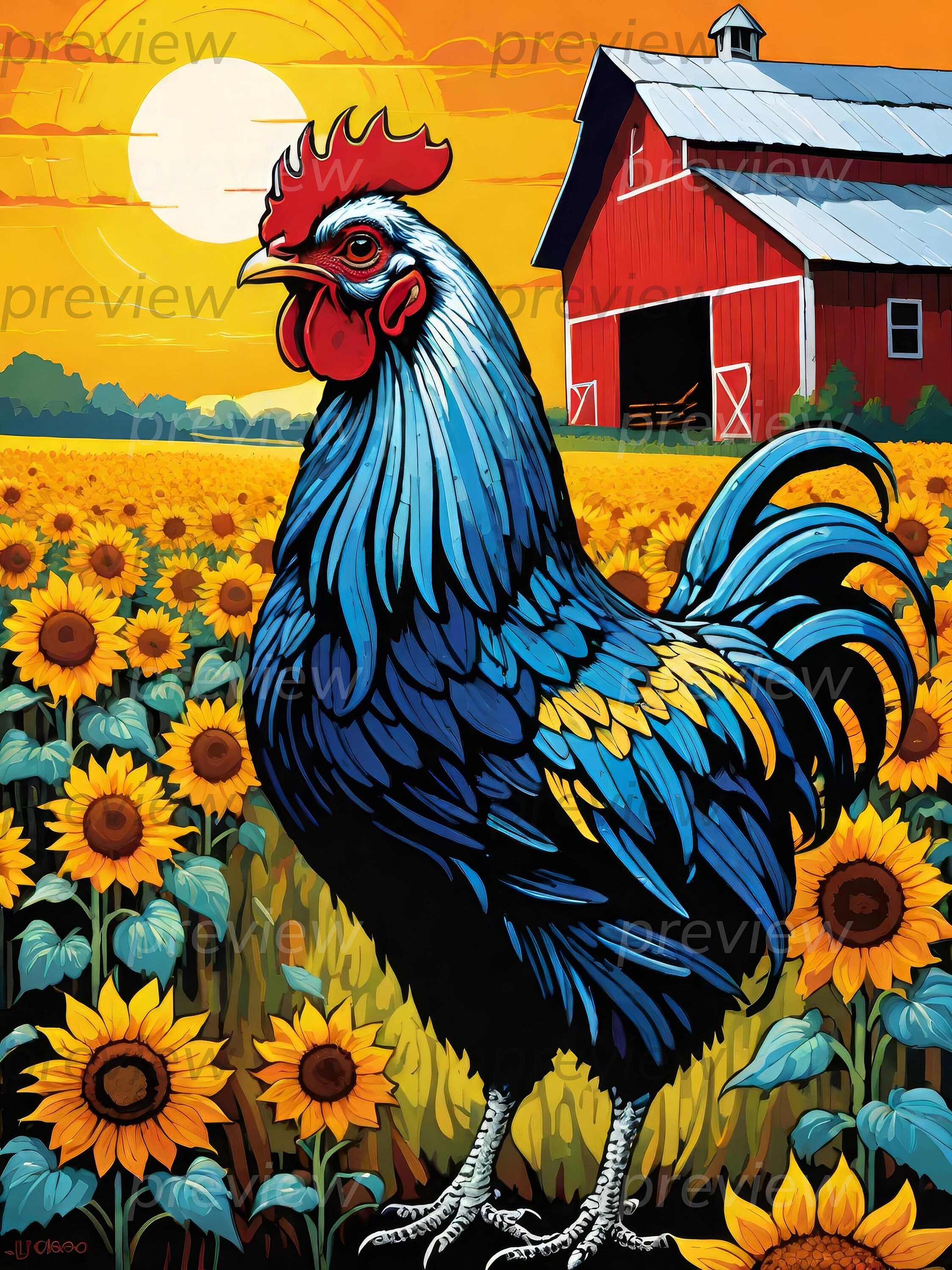 Country Chicken Rooster Farm Life Wall Art Digital Download Sunset in ...