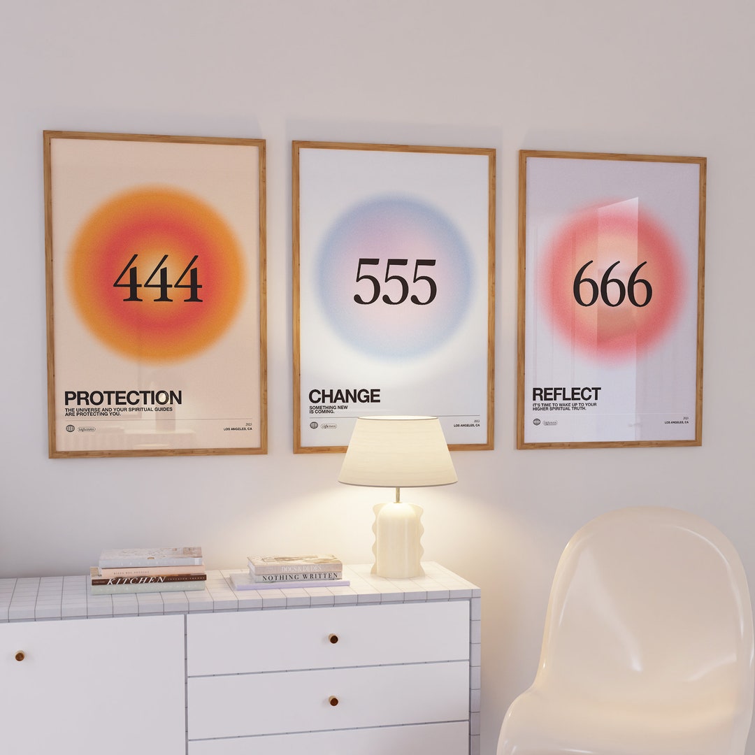 Angel Numbers Set 444,555,666 Poster Wall Art Print, Gradient Aura ...