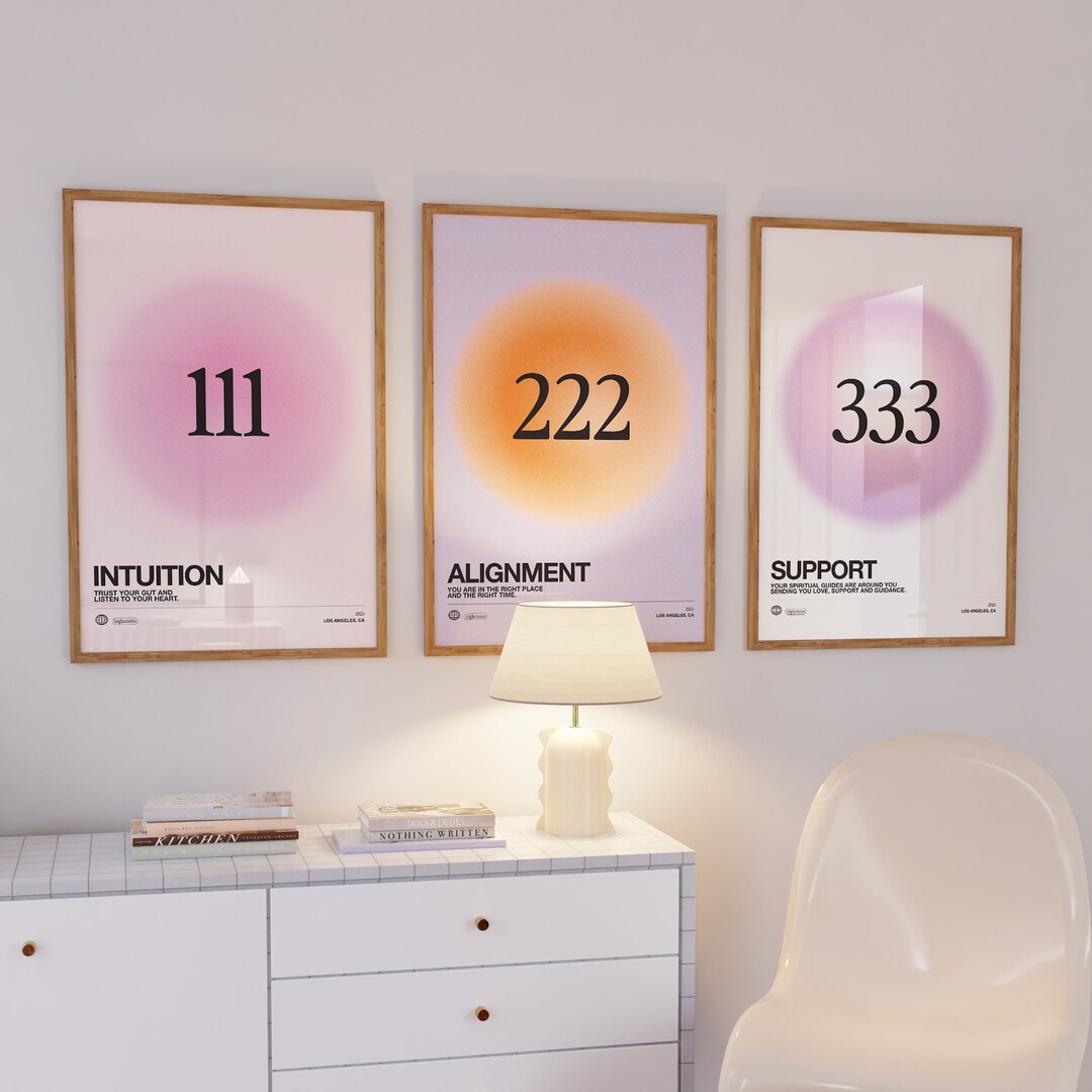 Angel Numbers Set 111, 222, 333 Poster Wall Art Print, Gradient Aura ...