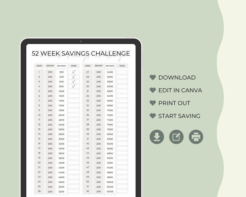 52 Week Savings Challenge | Save Money | Savings Challenge Canva ...