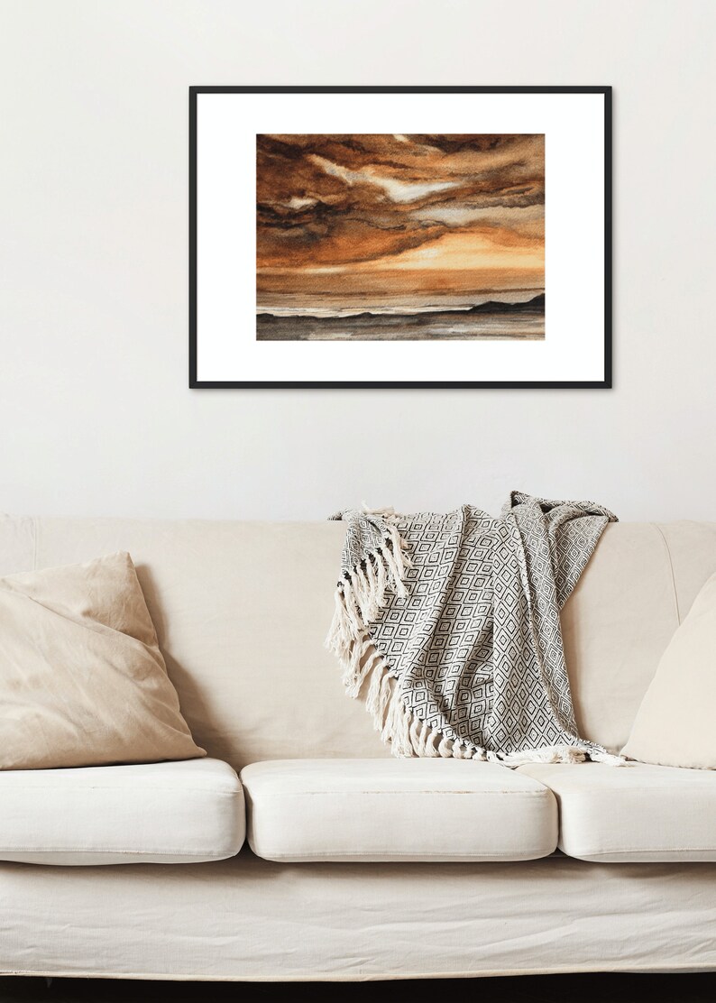 Sepia Toned Cloudscape II Watercolor Neutral Beach Print Monochromatic ...