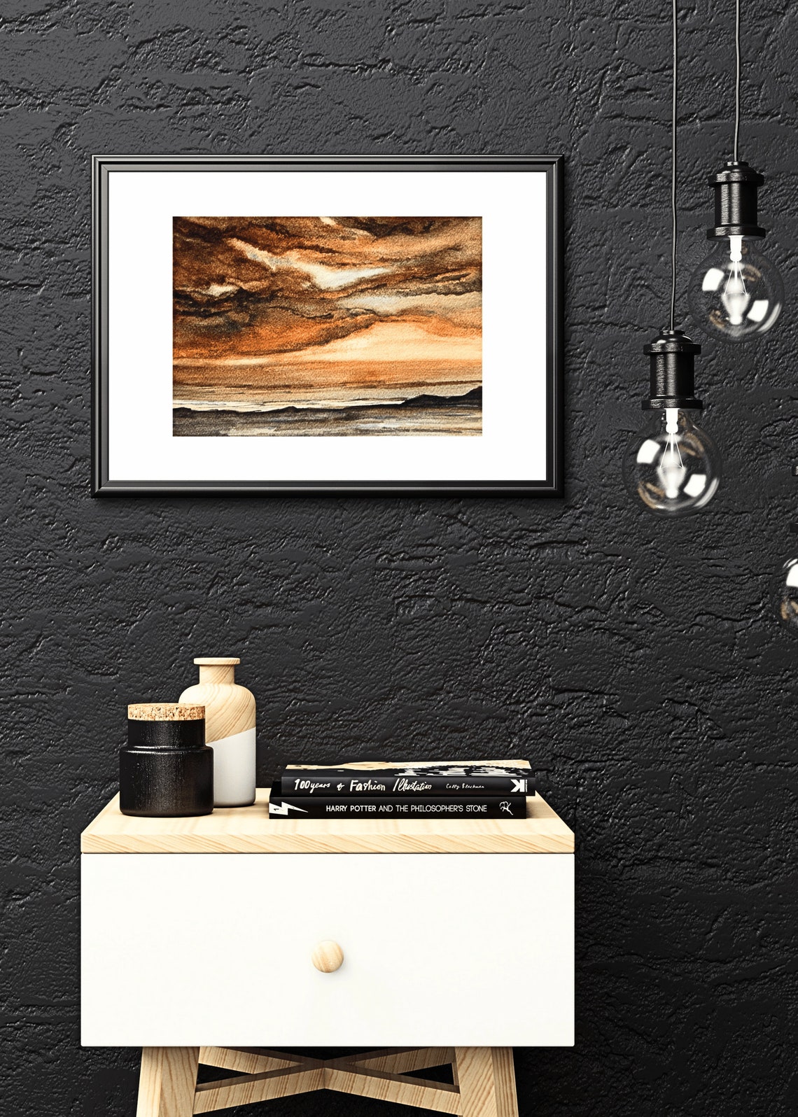 Sepia Toned Cloudscape II Watercolor Neutral Beach Print Monochromatic Seascape Minimalist ...