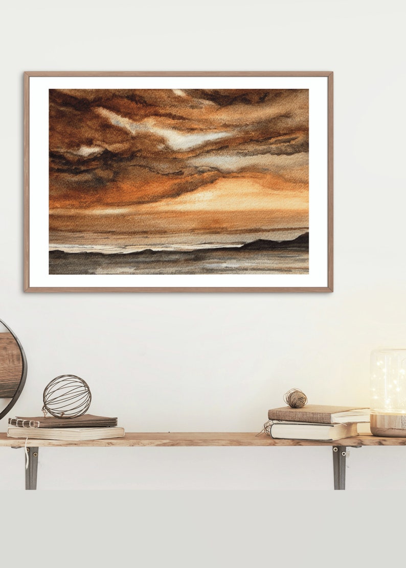 Sepia Toned Cloudscape II Watercolor Neutral Beach Print Monochromatic Seascape Minimalist ...