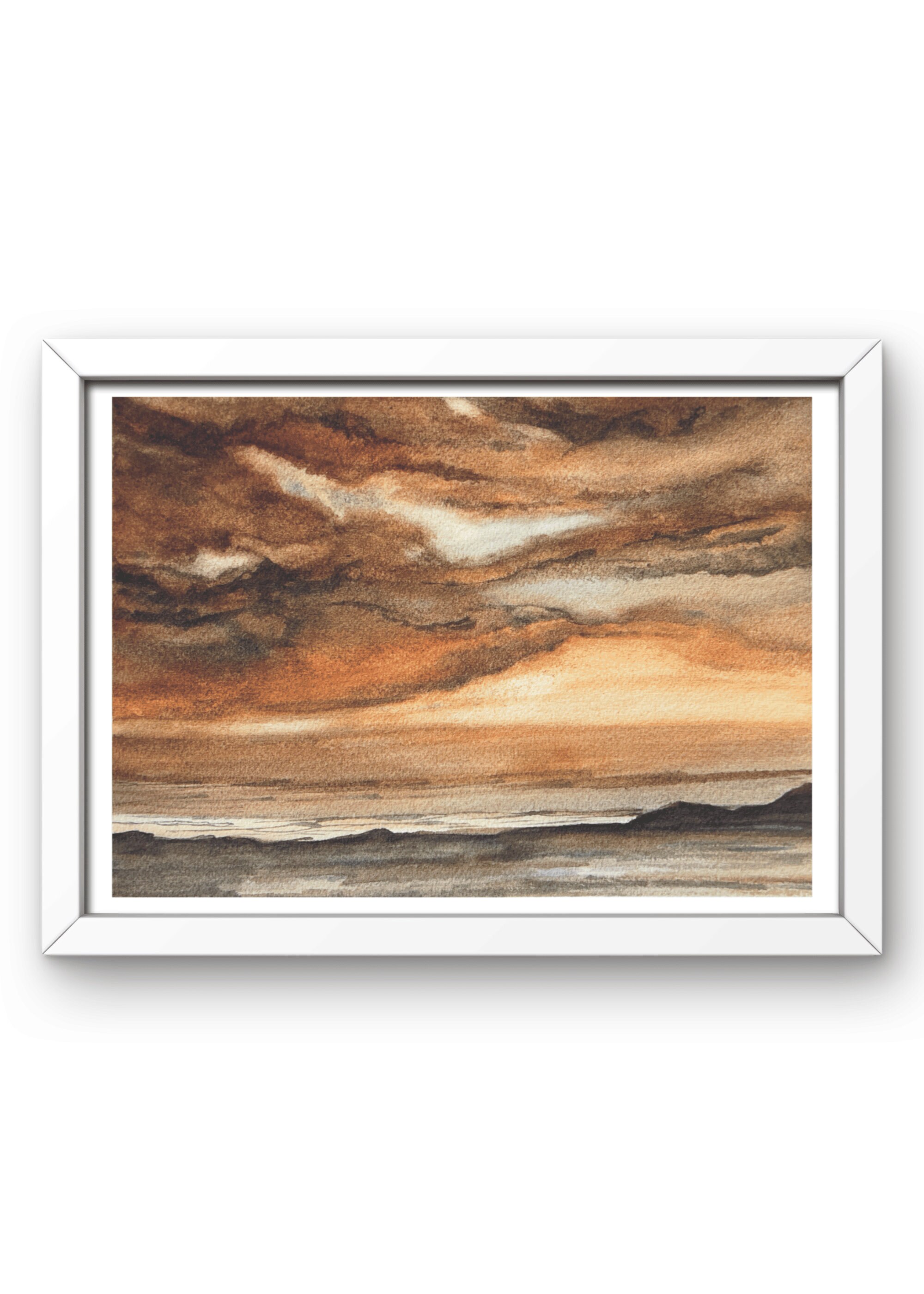 Sepia Toned Cloudscape II Watercolor Neutral Beach Print Monochromatic Seascape Minimalist ...