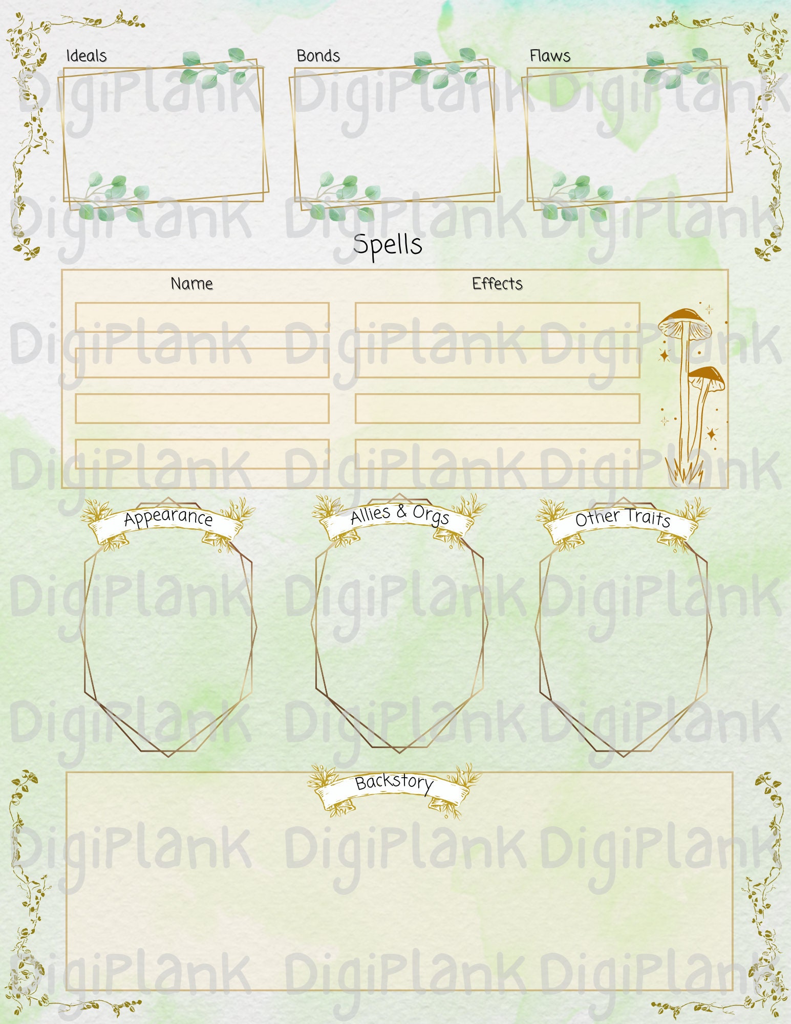 Dnd Dungeons and Dragons TTRPG Fairycore Elf Character Sheet Blank Fill ...