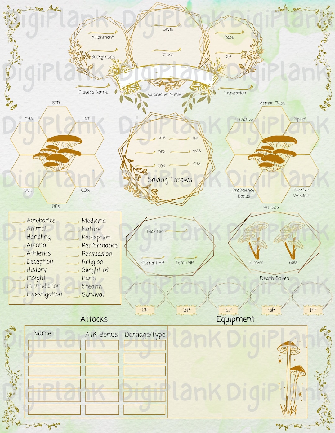 Dnd Dungeons and Dragons TTRPG Fairycore Elf Character Sheet Blank Fill ...