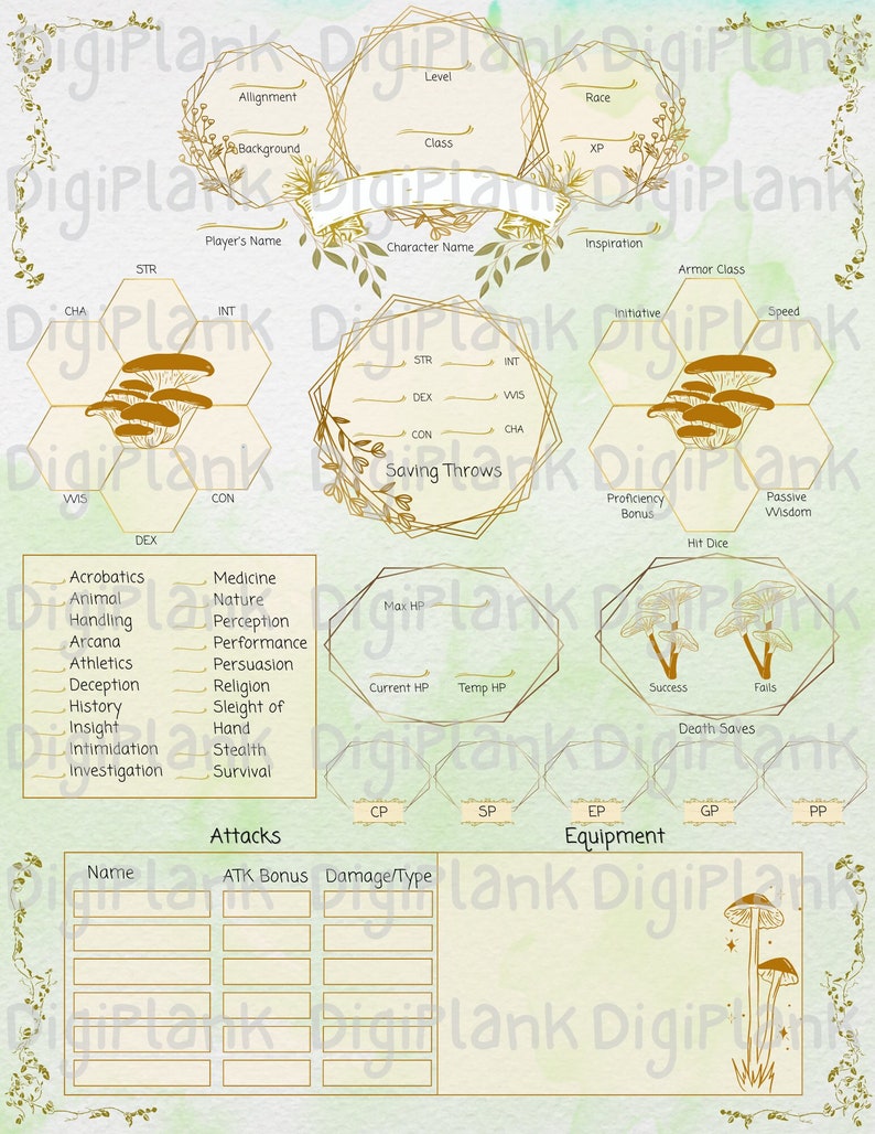 Dnd Dungeons and Dragons TTRPG Fairycore Elf Character Sheet Blank Fill ...