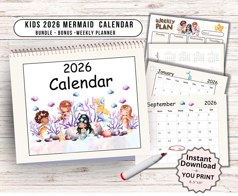 2026 Kids Mermaid Calendar: Watercolor Planner (PDF Download) - Etsy